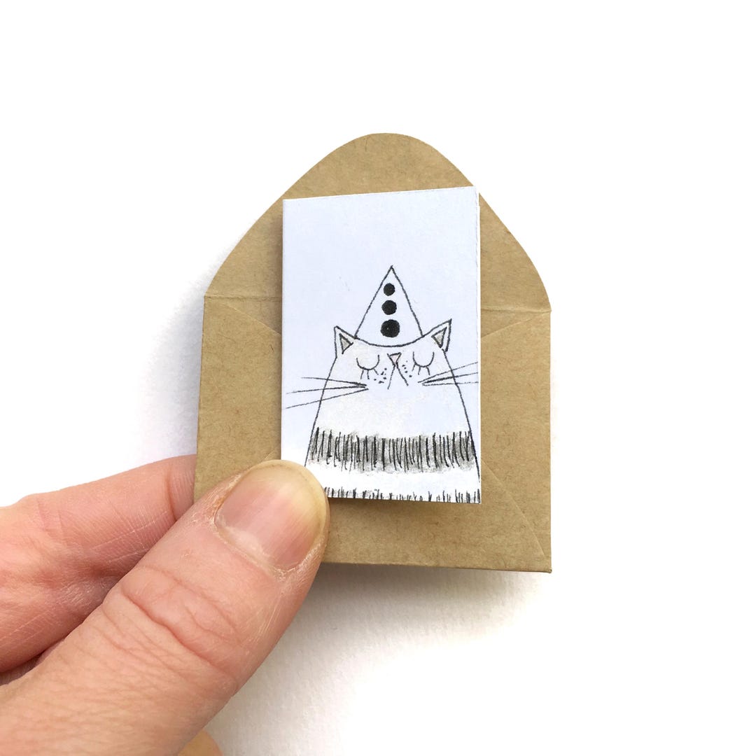 Cat Birthday Card, Miniature Cat Card and Tiny Envelope, Grey Tabby Cat ...