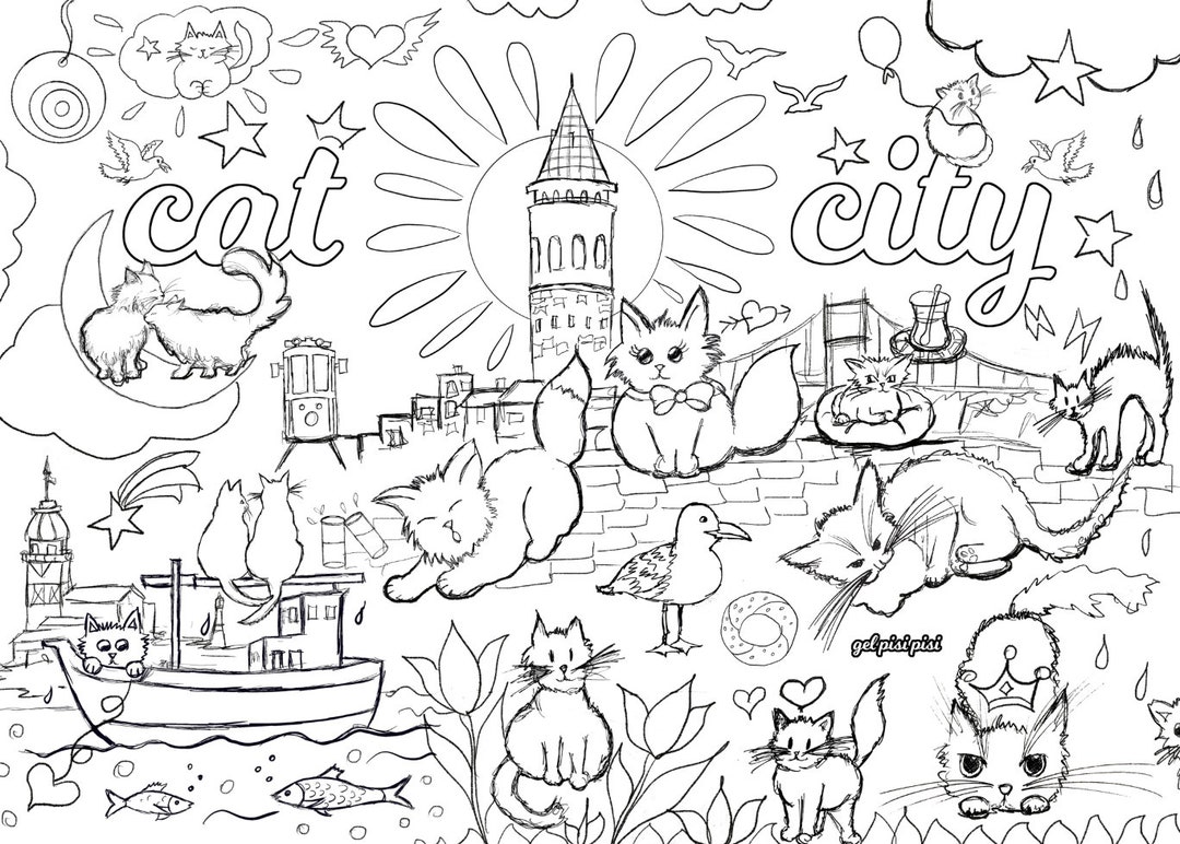 Printable Digital Coloring Page for Adults and Kids - Cat City - Etsy