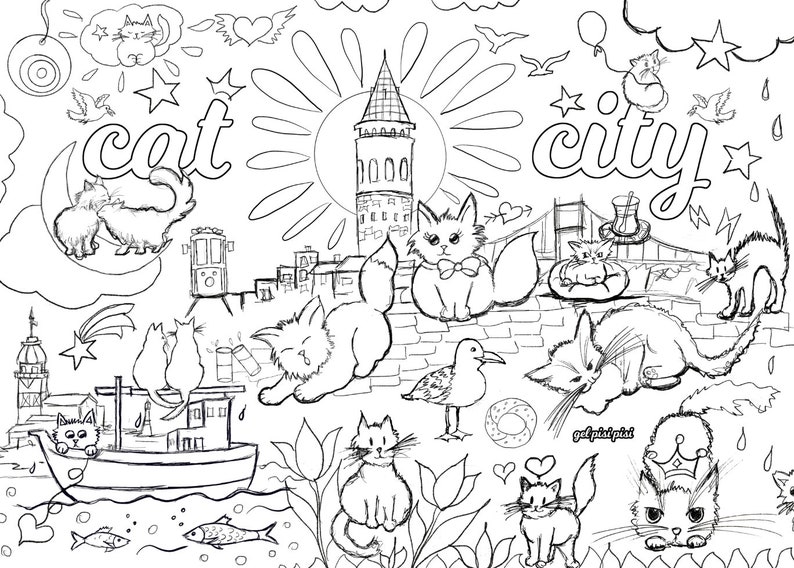 Printable Digital Coloring Page for Adults and Kids - Cat City - Etsy