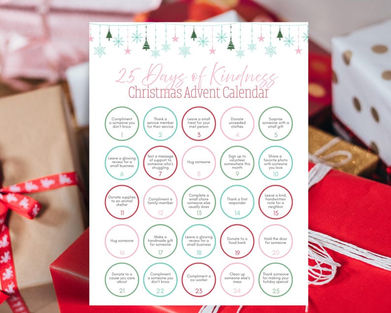 25 Days of Kindness Advent Calendar, Printable Christmas Advent ...