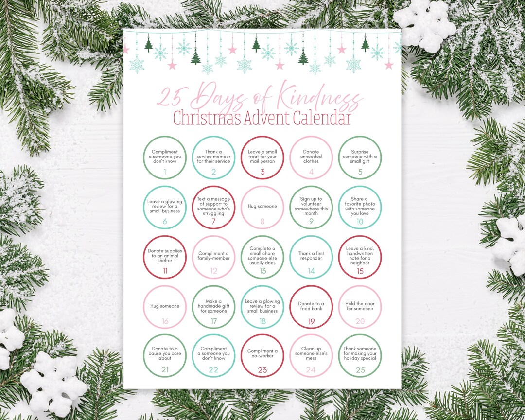 25 Days of Kindness Advent Calendar, Printable Christmas Advent ...