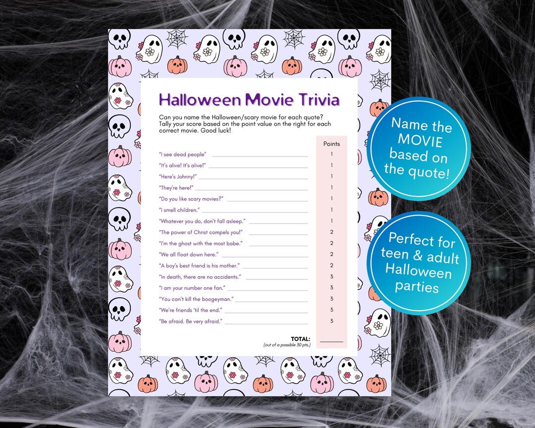 Printable Halloween Movie Trivia Game, Pink Halloween Party Game ...