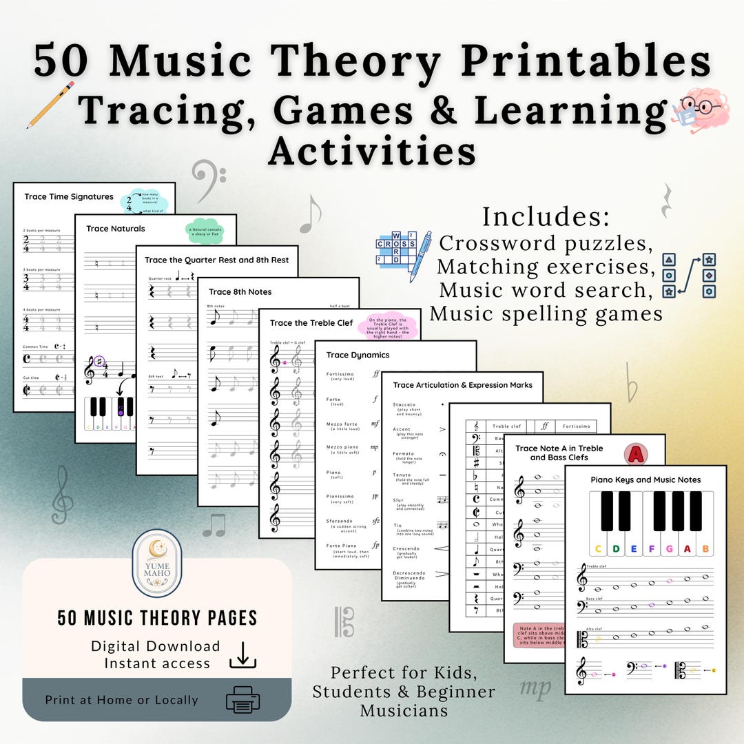 50 Music Theory Worksheets for Kids, Printable Tracing Pages, Learn ...