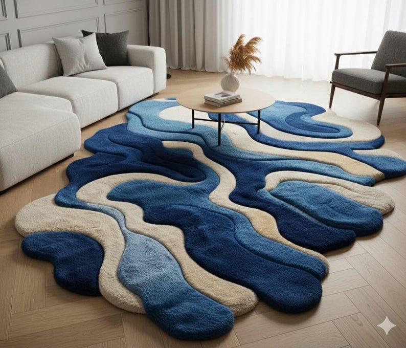 Modern Blue Abstract Wavy Area Rug | Unique Irregular Shape Carpet ...