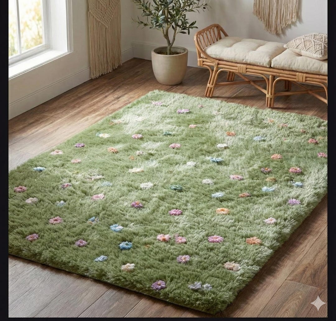Luxury Green Floral Shag Rug | Handmade Plush Area Carpet | Soft Bloom ...
