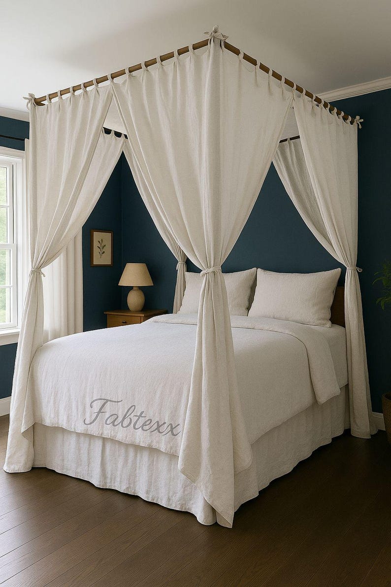 Pure White Linen Bed Canopy Curtain Four Corner Tent Bedroom Decor ...