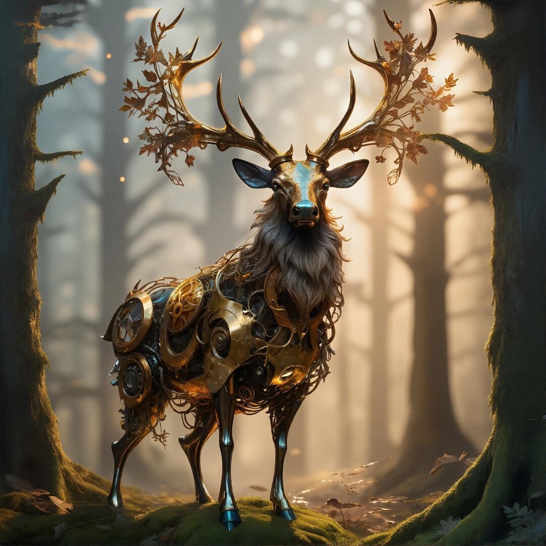 Steampunk Stag Art Print: Mechanical Deer With Autumn Leaves (digital ...