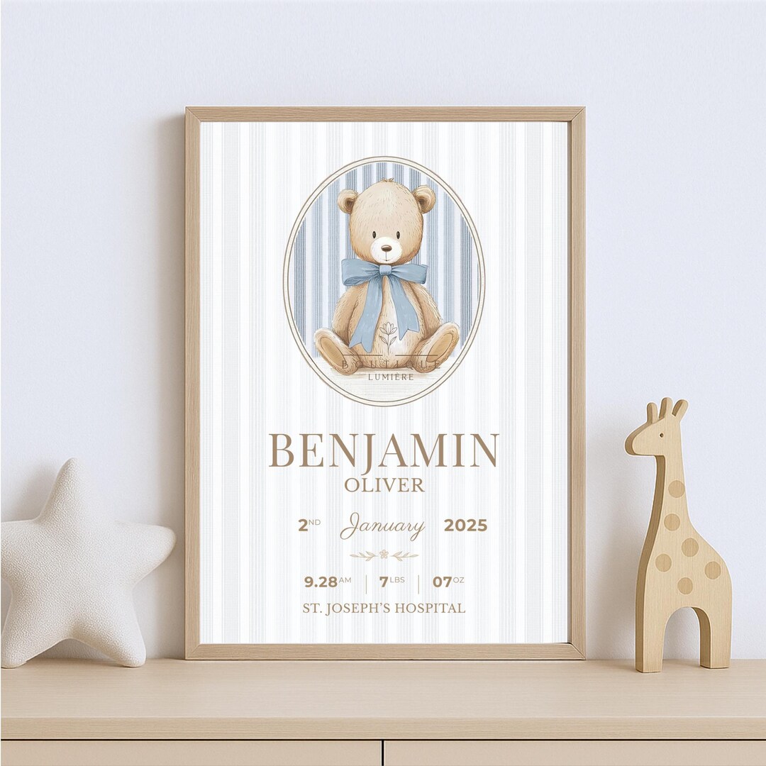 Teddy Bear Birth Stat Print Personalized – Watercolor Teddy Bear ...