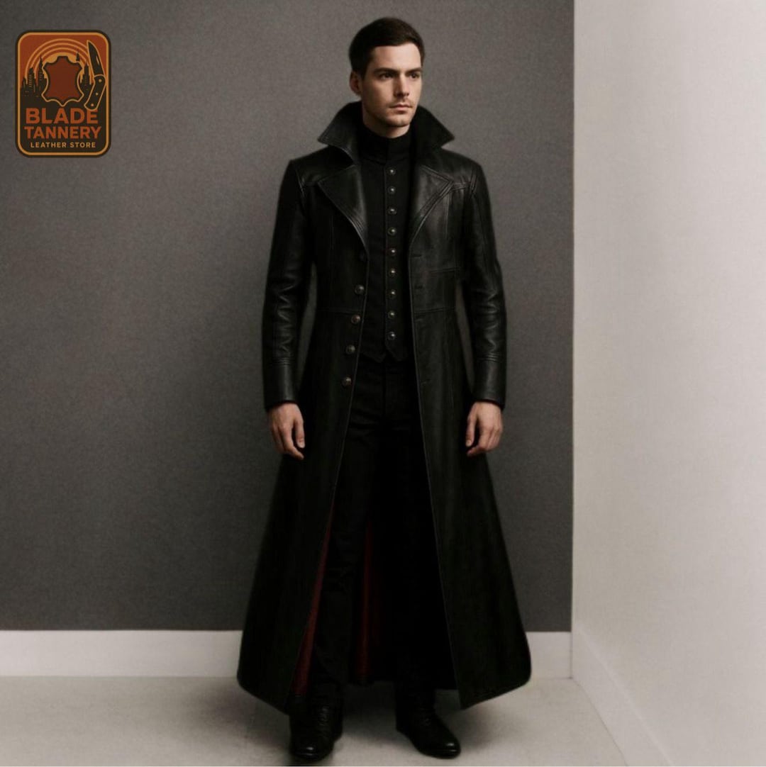 Men’s Long Black Gothic Leather Trench Coat | Victorian Steampunk Style ...