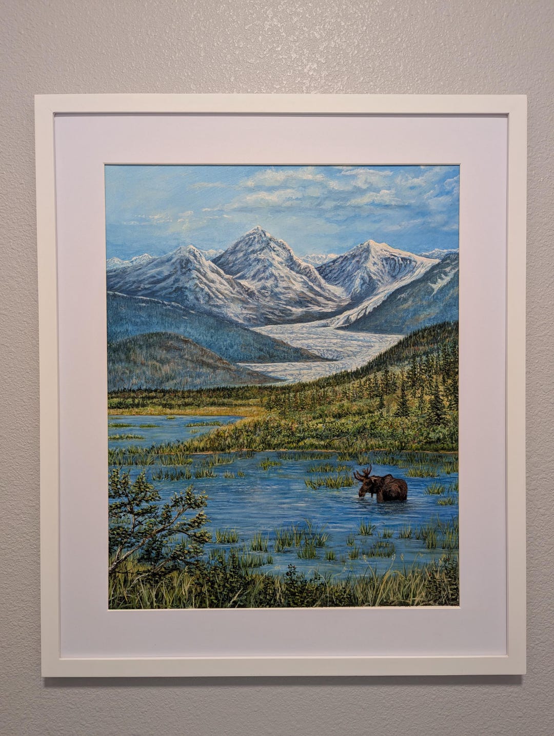 Matanuska Glacier Watercolor Painting: Alaska Moose Landscape, Framed ...