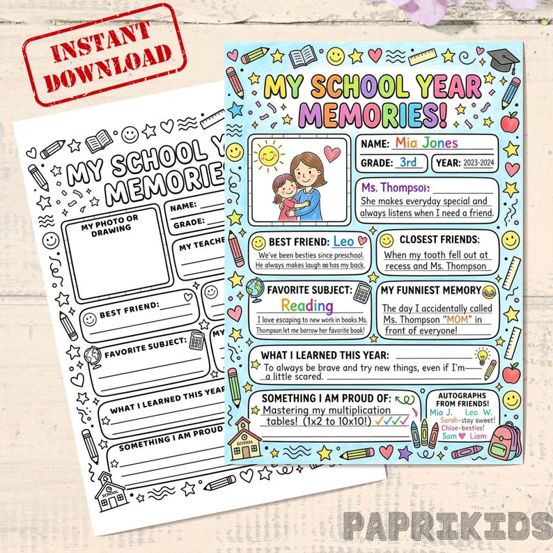 My School Year Memories Printable, End of School Year Activity, Last ...