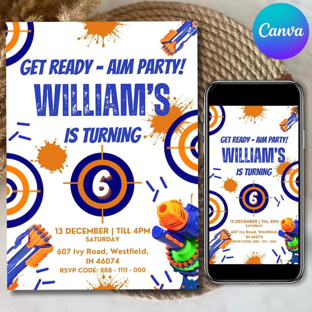 Nerf War Invite, Nerf Birthday Invitation, Dart Gun Battle Birthday ...