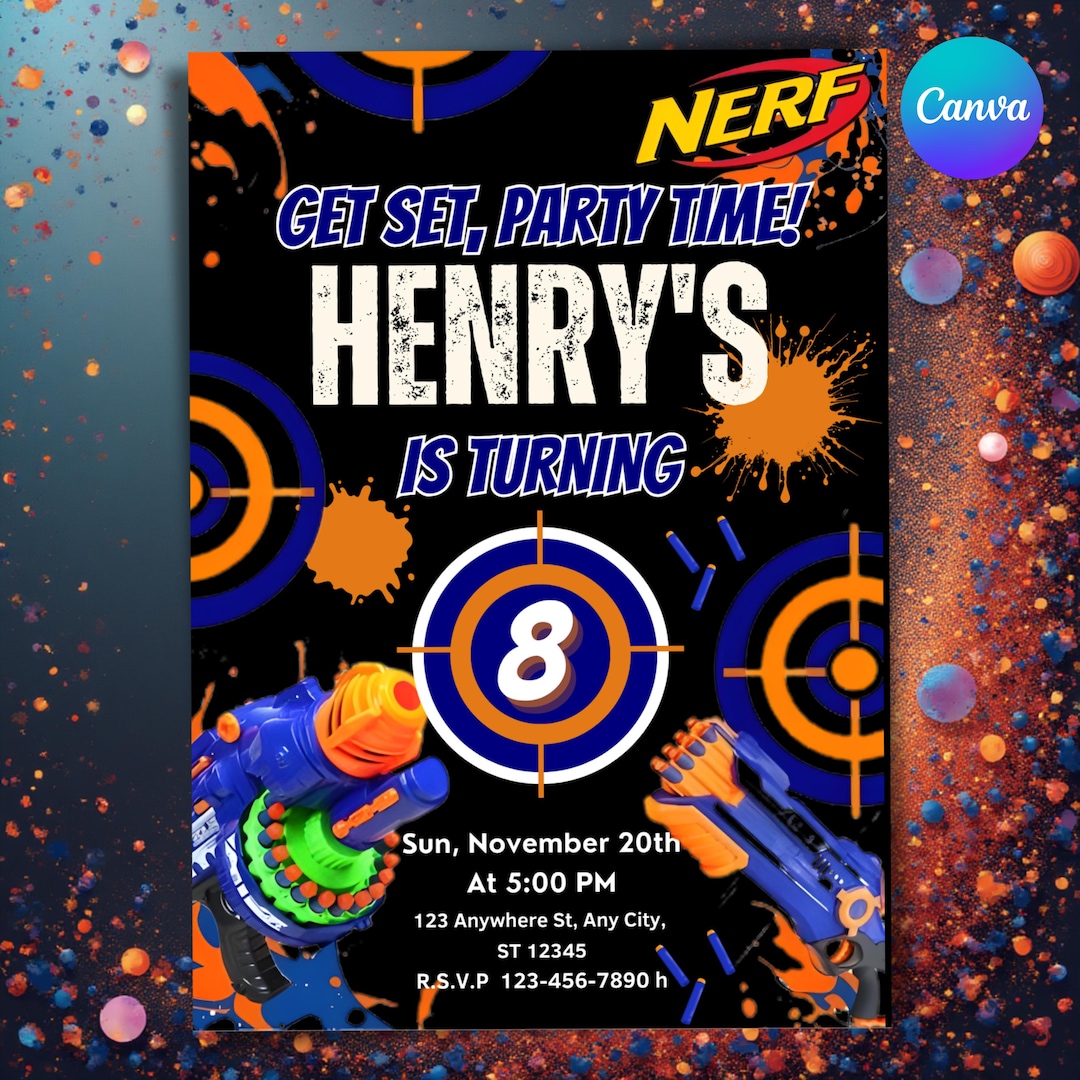 Kids Nerf Birthday Invitation Template, Birthday Nerf Party Invitations ...