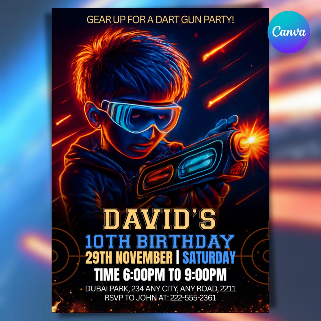 Dart Gun Birthday Invitation, Nerf Theme Party Invite, Gun Theme, Kids ...