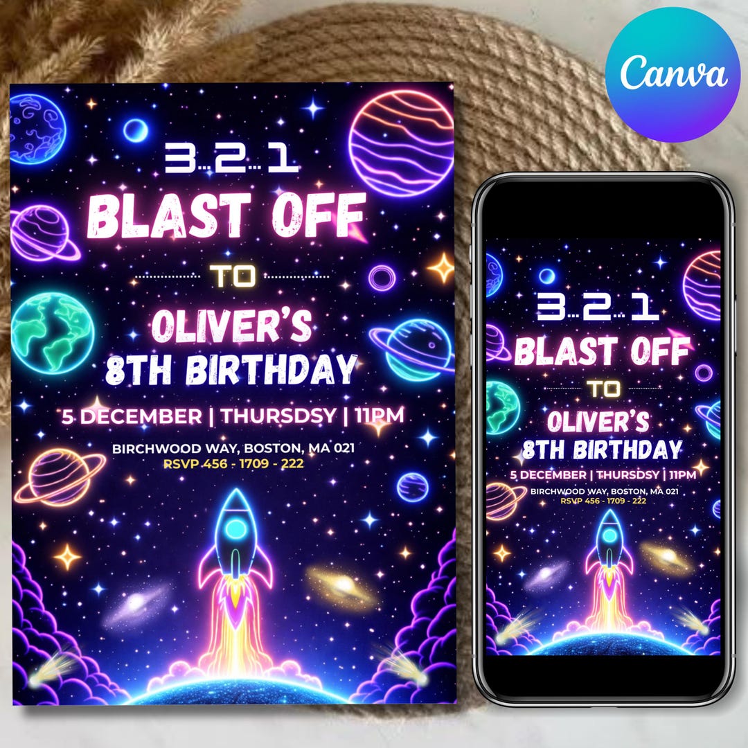 Neon Space Birthday Party Invitation, Galaxy Party Invitation ...