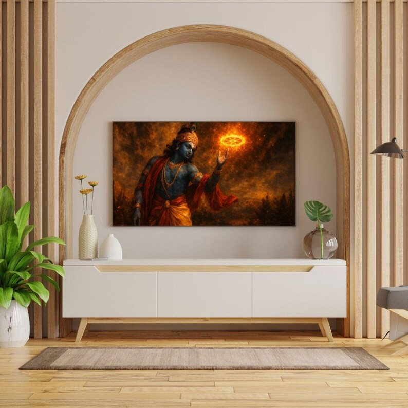 Lord Krishna Vishnu Wall Art Print, Sudarshan Chakra Cosmic Painting ...