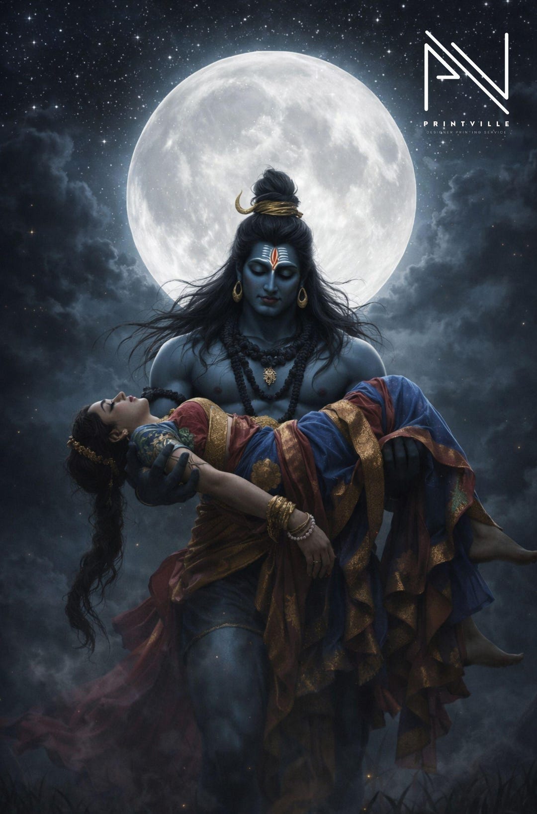 Shiva Holding Parvati Wall Art | Divine Mahadev Moon Night Artwork ...