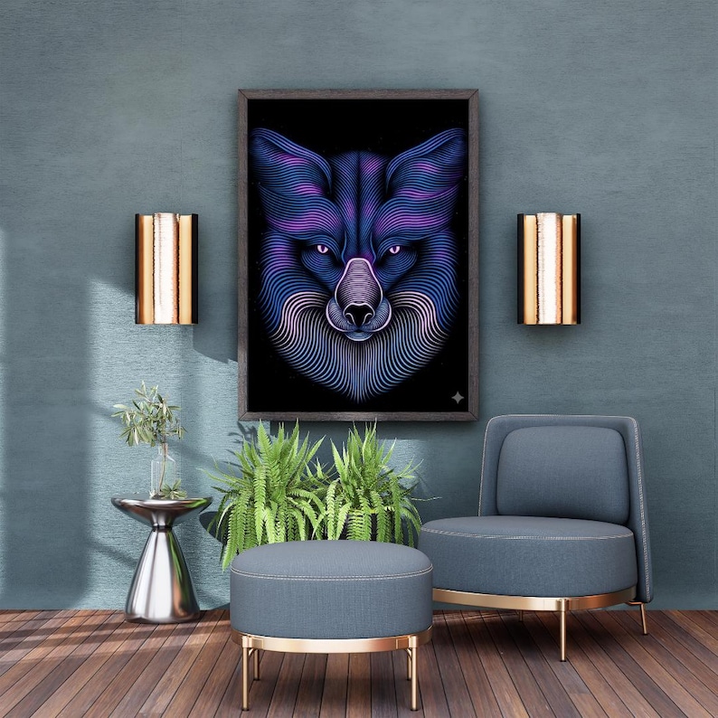 Neon Wolf Line Art Wall Decor, Futuristic Wolf Poster, Cyberpunk Animal ...