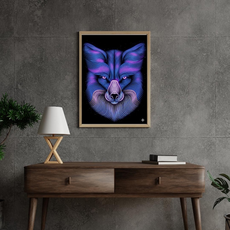 Neon Wolf Line Art Wall Decor, Futuristic Wolf Poster, Cyberpunk Animal ...