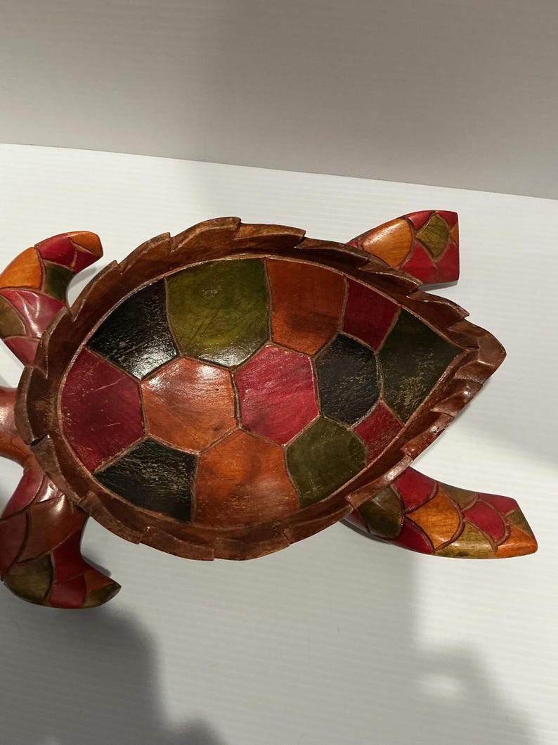 Hand Carved Wooden Turtle Bowl, Mosaic Shell Coastal Decor, Jamaica ...