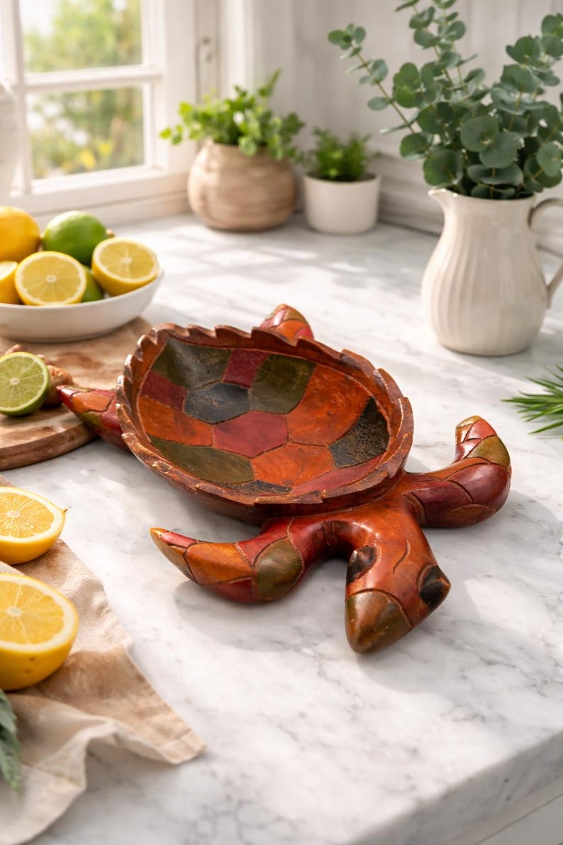 Hand Carved Wooden Turtle Bowl, Mosaic Shell Coastal Decor, Jamaica ...
