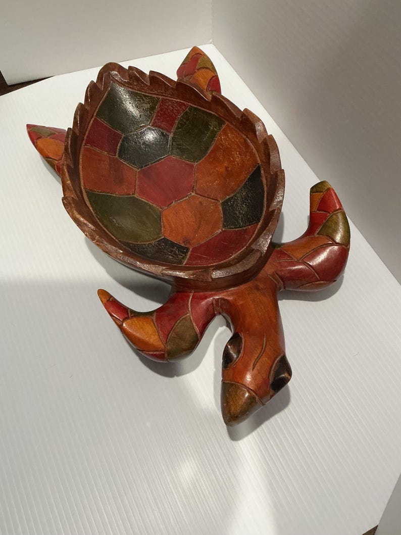 Hand Carved Wooden Turtle Bowl, Mosaic Shell Coastal Decor, Jamaica ...