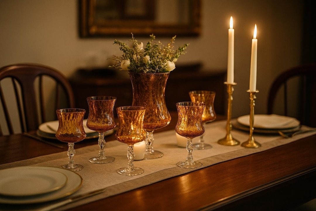 Vintage Amber Glass Cordial Goblets With Twisted Stem, Tall Matching ...