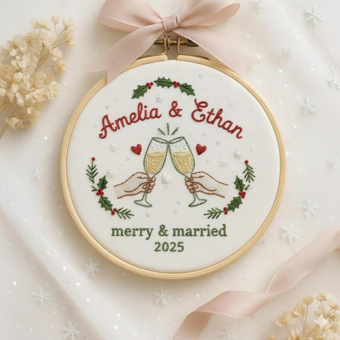 Personalized Merry & Married Hand Embroidered Ornament, First Christmas ...