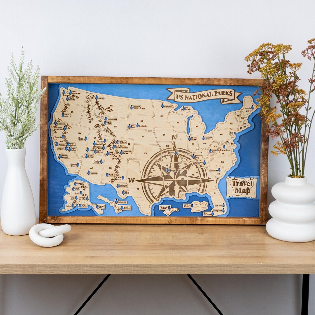US National Parks Map Sign W/ Tree Markers | Laser Engraved & Framed ...
