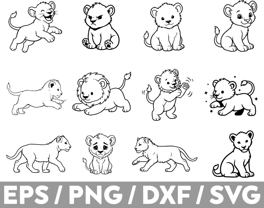 Cute Lion Cub SVG Bundle | Baby Lion Clipart Line Art | Cartoon Lion ...
