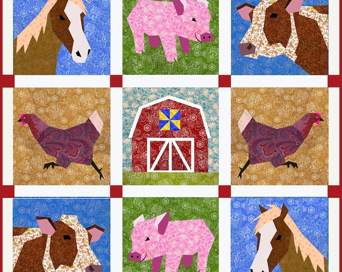 Farm Quilt Pattern, Set of 5 Paper Pieced Quilt Blocks Pattern, PDF ...
