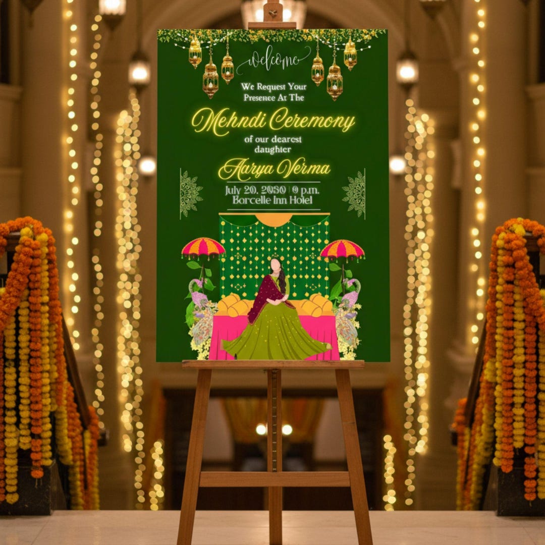 Mehendi Welcome Board | Green Floral Signage (digital) - Etsy