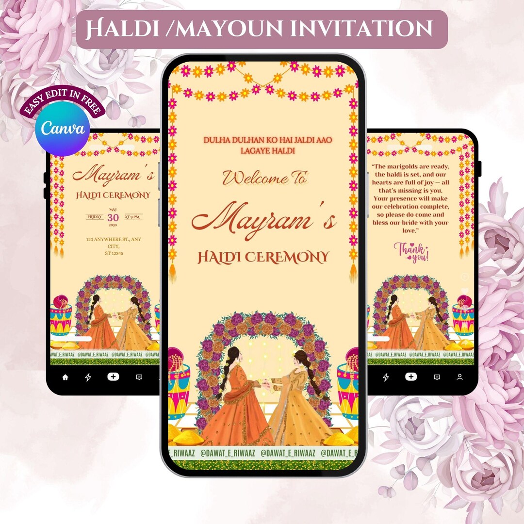 Editable Haldi Mayoun Invitation: Floral Canva Template (digital ...