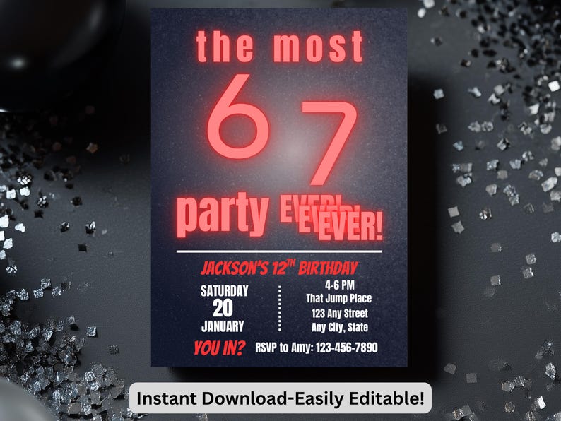 Six Seven Birthday Invitation, 6 7 Meme Neon Red Canva Template - Etsy