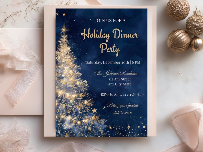 Holiday Dinner Invitation Template, Moody Christmas Tree Invite, Gold ...