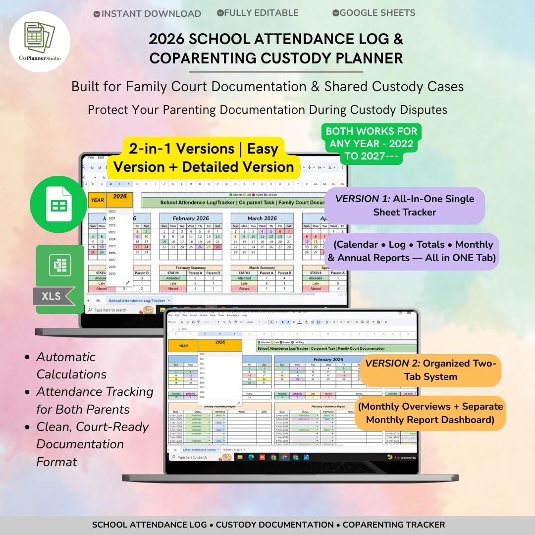 School Attendance Log & Custody Calendar Google Sheets | Divorce ...