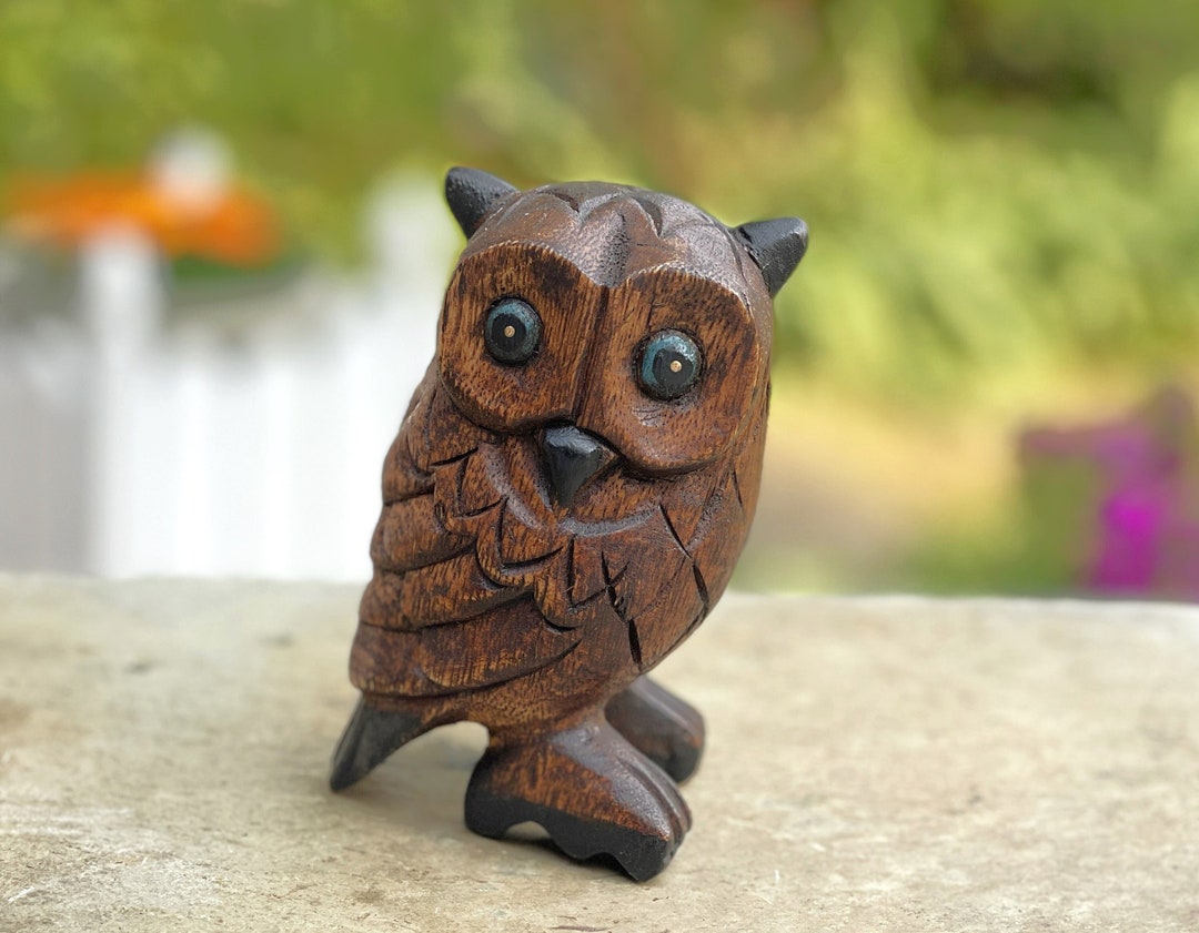 Carved Wood Owl Figurine Small Statue Art Sculpture Home Decor 5" - Etsy