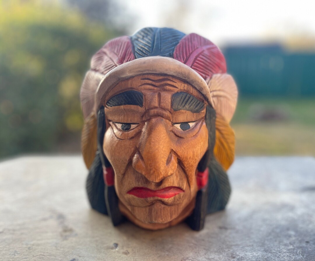 Native American Statue Carved Wood Hand Painted Indian Chief Head Art ...