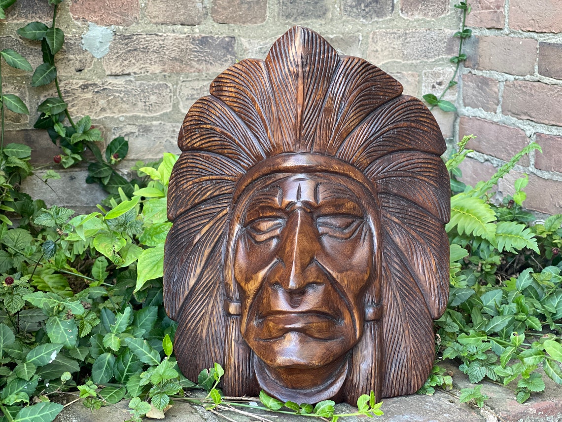 Native American Statue Carved Wood Indian Chief Head Art | Etsy