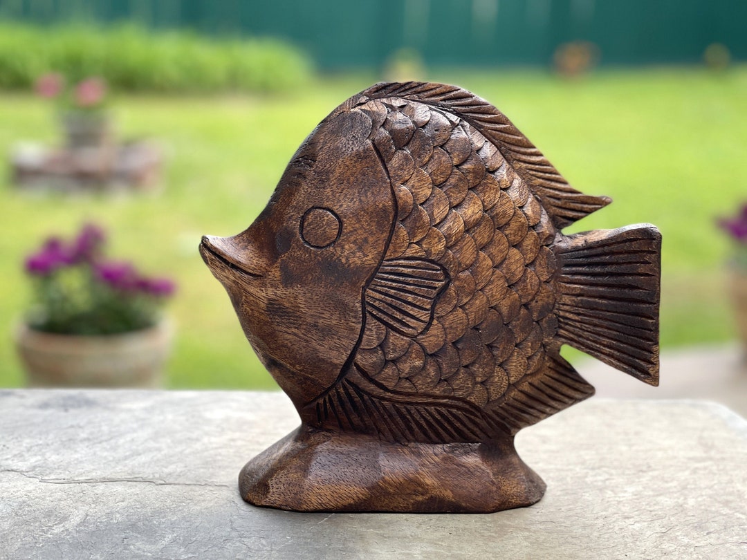 Large Wooden Fish Carved Wood Figurine Statue Sculpture Home Decor 10 ...