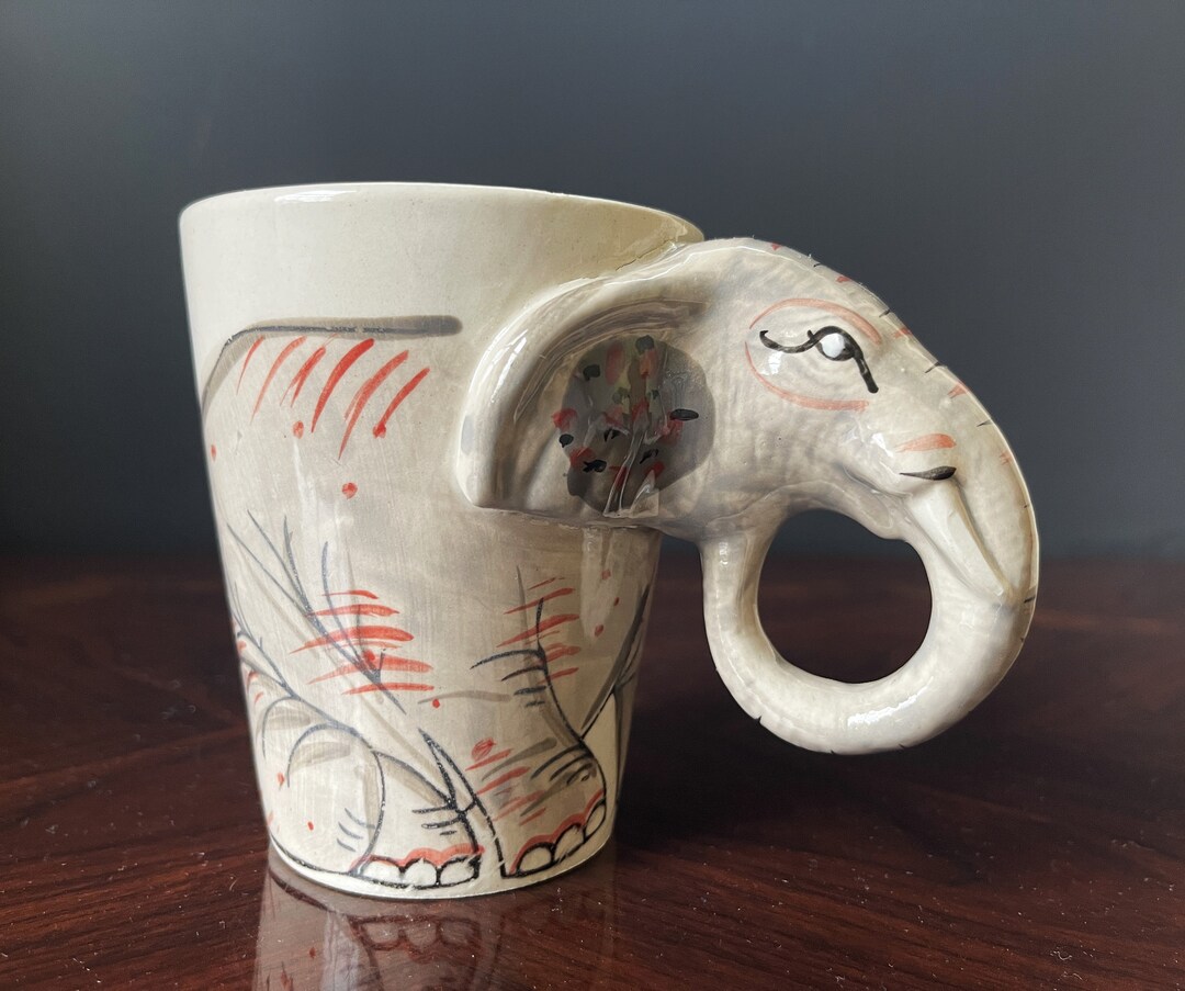 Sitting White Elephant Coffee Mug Porcelain Handpainted 3D Animal ...