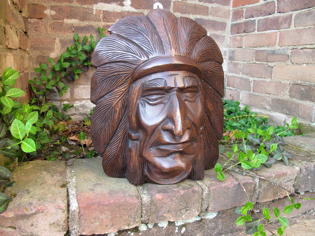 Native American Statue Carved Wood Indian Chief Head Art Sculpture ...