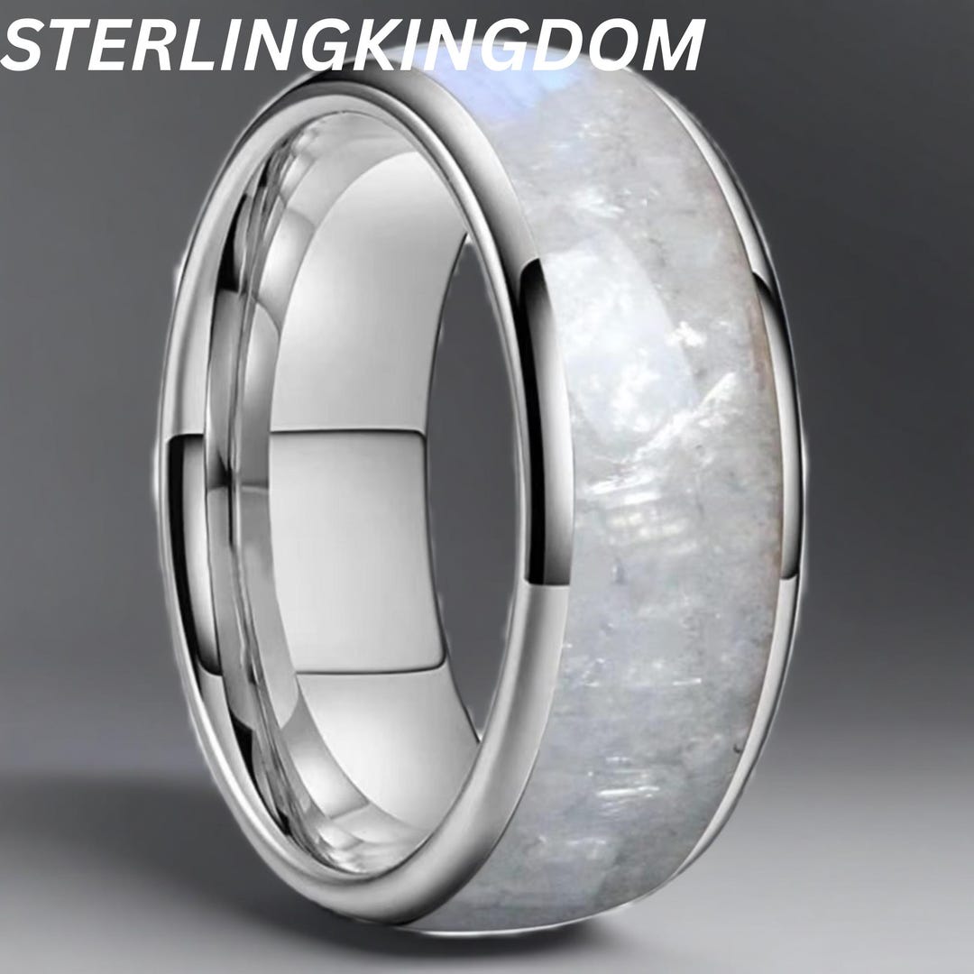 Silver Tungsten Wedding Ring Dome Moonstone Inlay Comfort Fit - Etsy