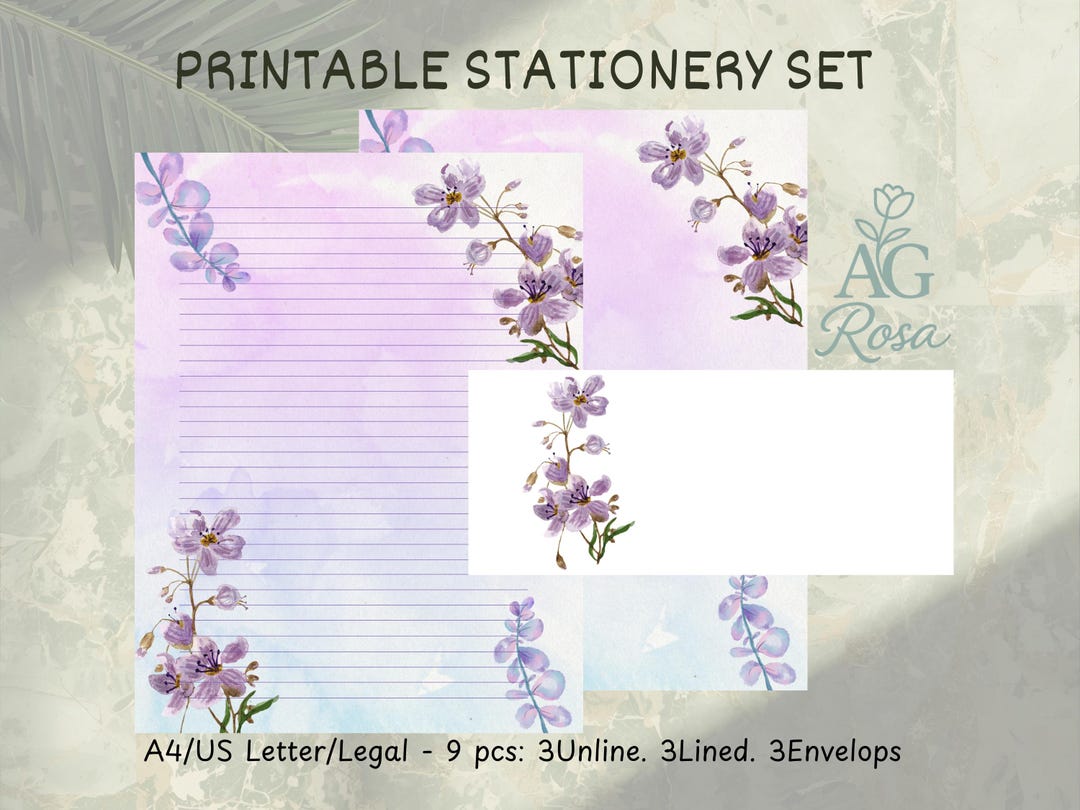 Printable Stationery Set • Lined & Unlined A4/letter/legal + Envelope ...