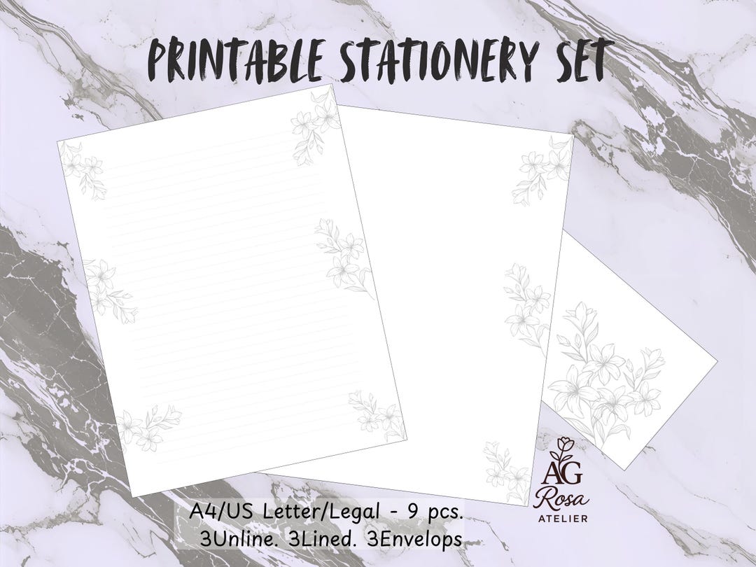 Printable Stationery Set • Lined & Unlined A4/letter/legal + Envelope ...