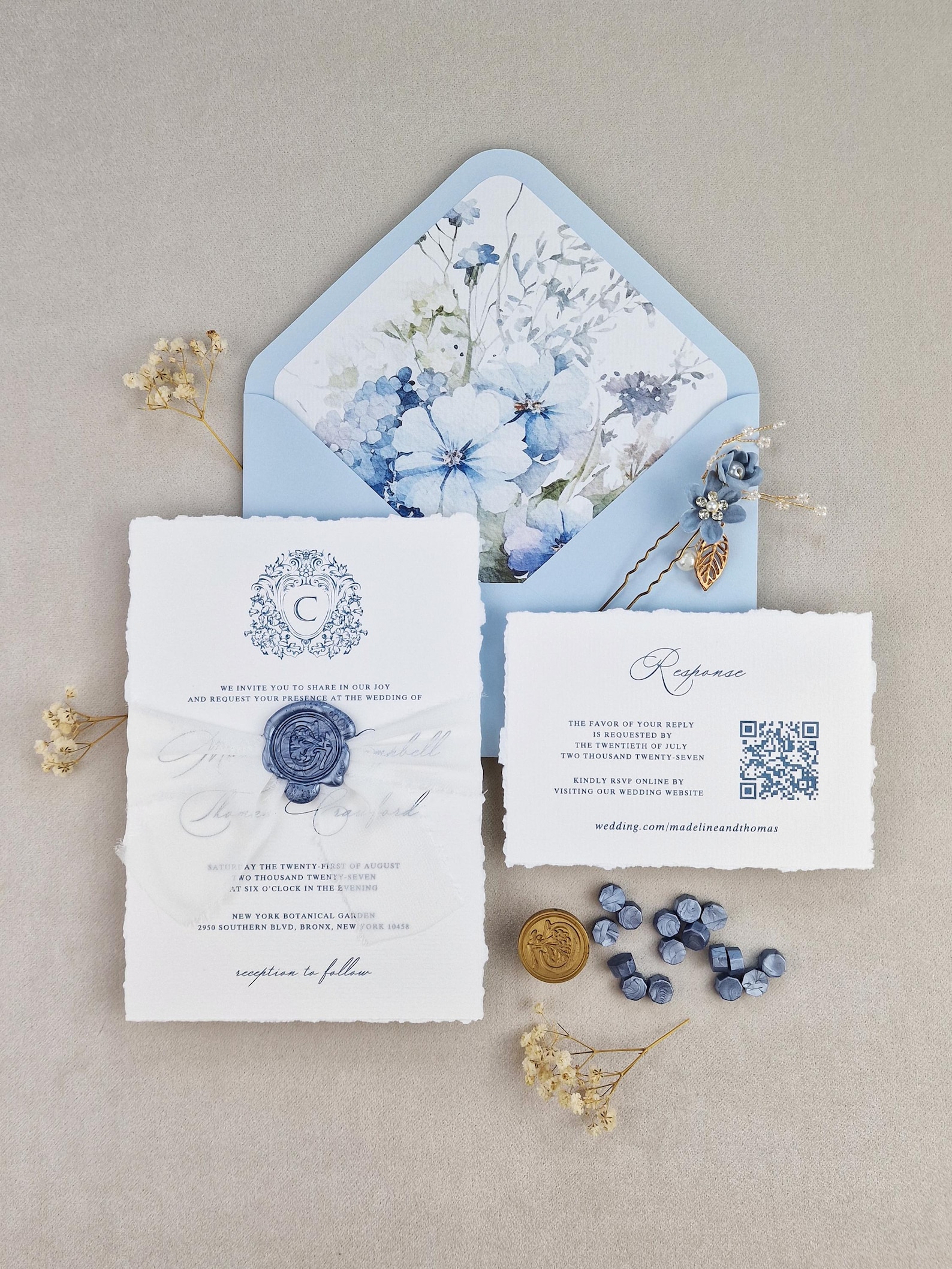 Light Blue Wedding Invitation Suite | Invitation With Ribbon and Wax ...