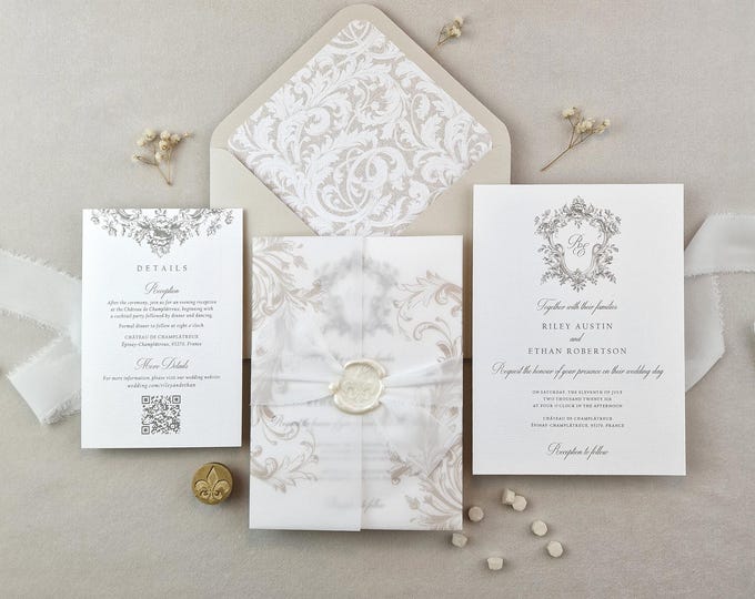 Dusty Blue Vellum Wedding Invitation Suite | Wax Seal Wedding ...