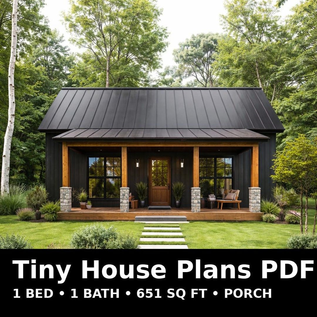 Modern Farmhouse Tiny House Plans: 1 Bedroom Cabin Blueprint (PDF ...