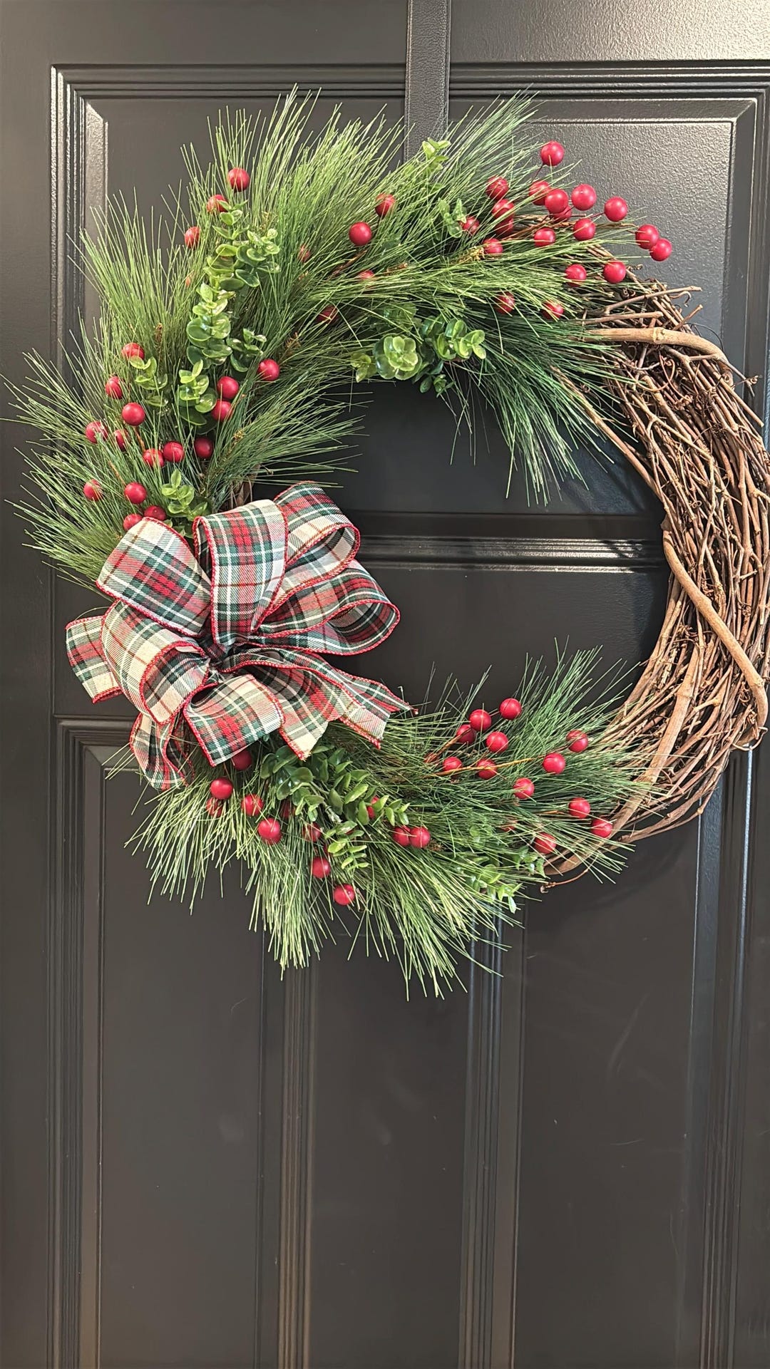 Plaid Bow Pine Bough Crescent Shaped Wreath With Burgundy Berries - Etsy