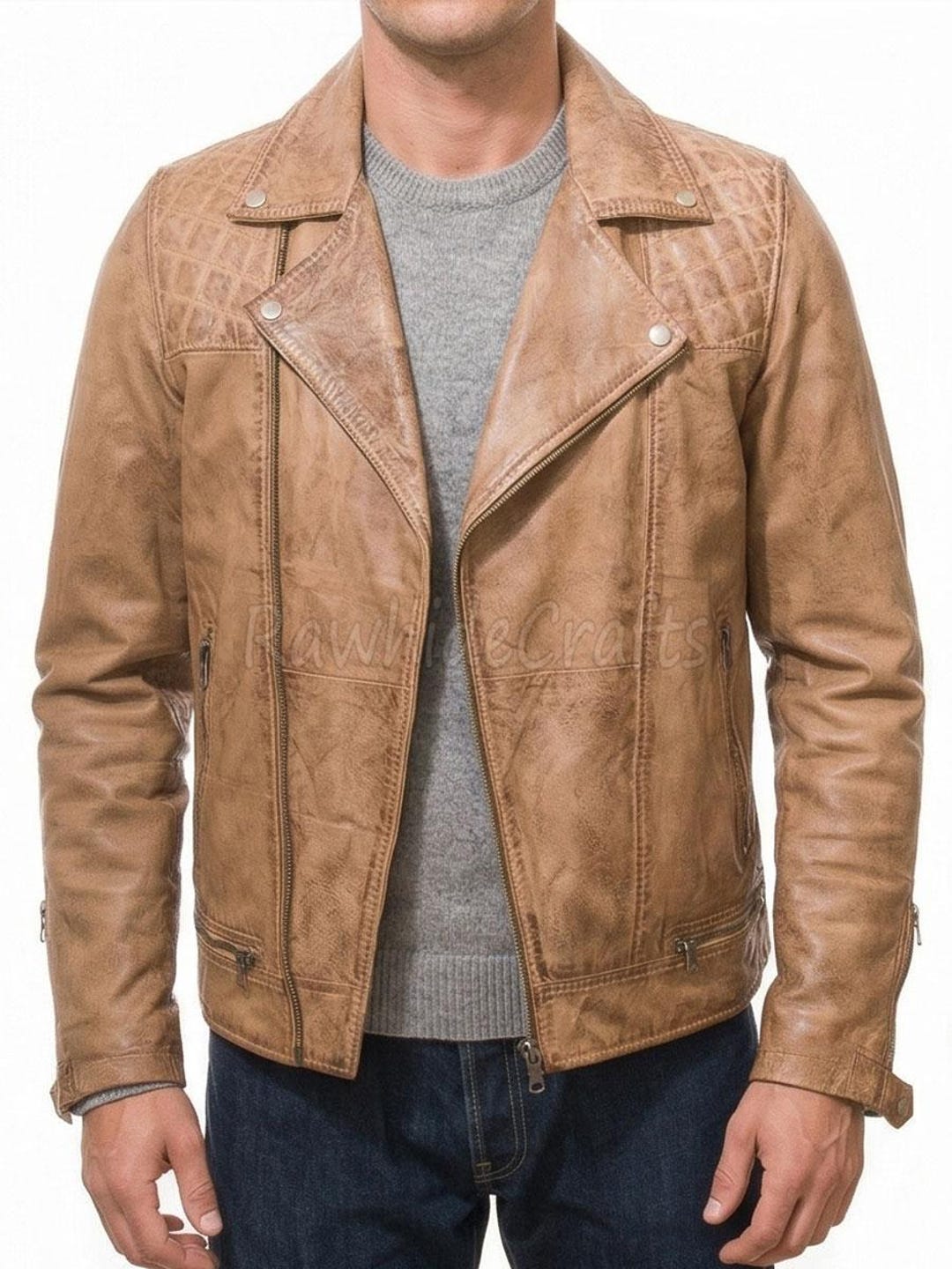 Men’s Distressed Tan Leather Biker Jacket – Quilted Shoulder Moto Coat ...